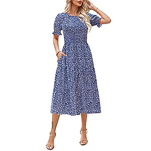 Maggeer 2023 Summer Cute Boho Tiered Puff Short Sleeve Smocked Midi Dresses for Women Blue-1 XS