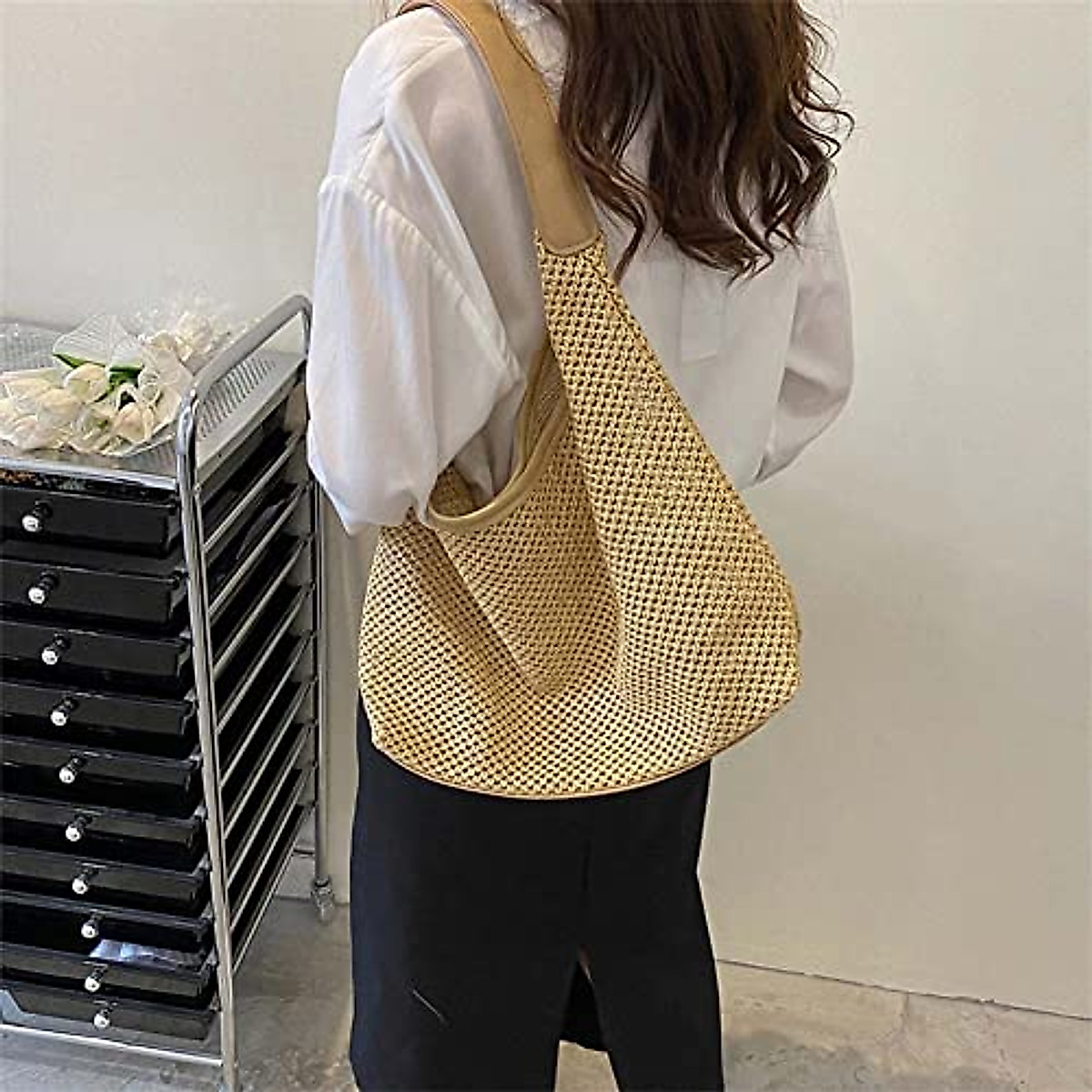 Straw Bag for Women Summer Beach Bag Soft Rattern Woven Tote Bag Large Straw Shoulder Bag for Vacation Casual