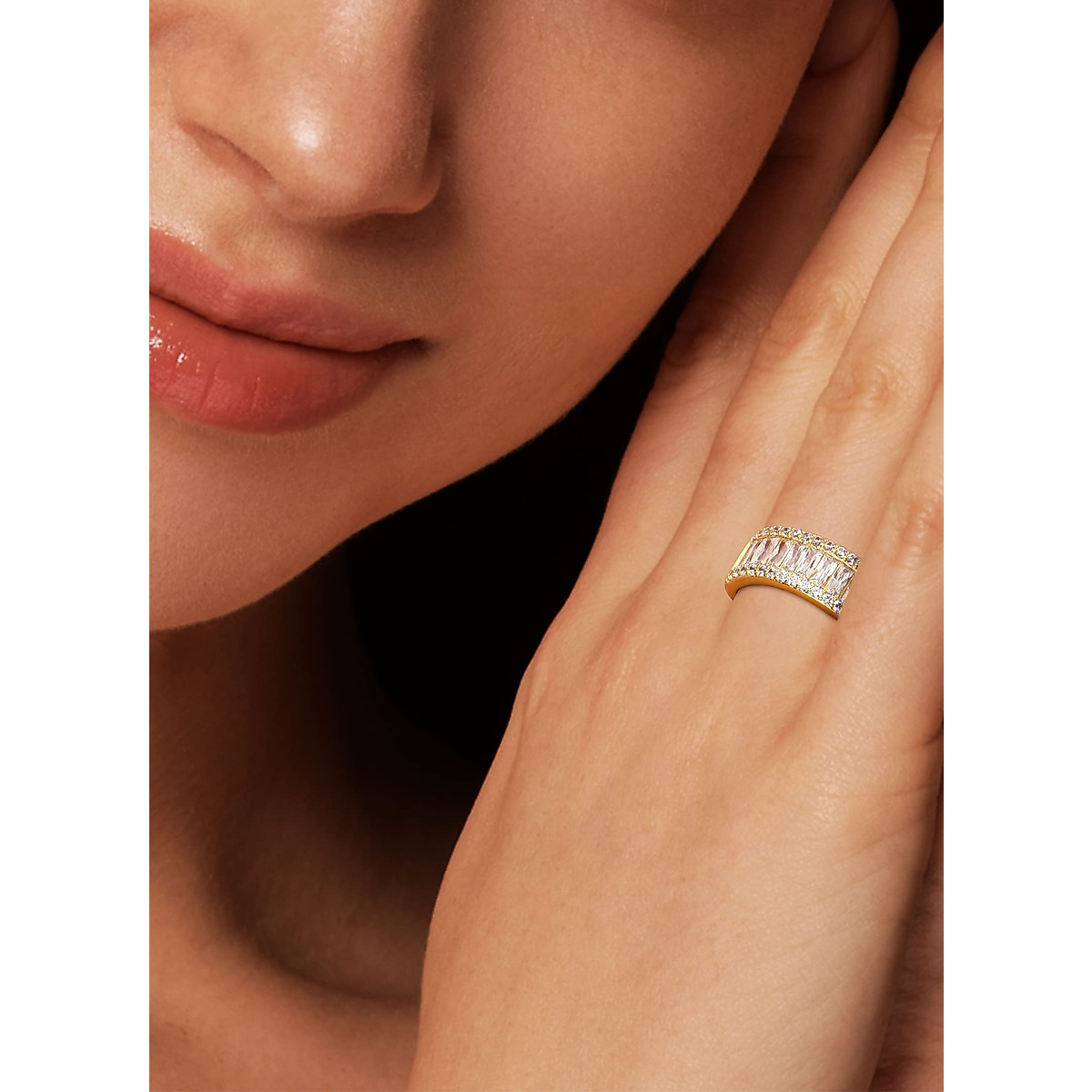 Beutirer Wedding Rings for Women, 18K Gold Plated Promise Wedding Band for Women, 3-Row Round and Baguette Emerald Cut Cubic Zirconia Engagement Rings, Anniversary Rings, Gold Rings for Women Size 5-9