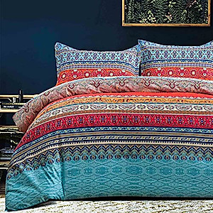 Duvet Cover King Size - Boho Blue Red Retro Colorful Striped Printed Pattern Reversible Microfiber Comforter Cover Set - 3PC 104 x 90 Soft Quilt Cover, Bohemian Luxury Exotic Style for Women Men
