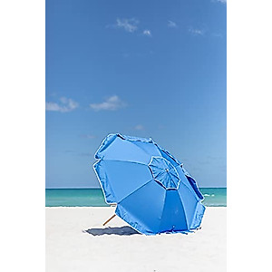AMMSUN 7.5ft Heavy Duty HIGH Wind Beach Umbrella Commercial Grade Patio Beach Umbrella frames with Air Vent Ash Wood Pole & Carry Bag UV 50+ Protection Blue