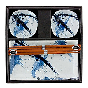 MIYA Blue Splash Sushi Plates for 2 - Modern Ceramic Glazed Rectangular Sushi Plates