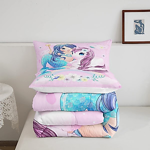 Erosebridal Blue Mermaid Bedding Comforter Sets for Girls Cute Unicorn Bedding Sets Twin 2pcs Kids Dreaming Girly Rainbow Duvet Insert Chic Floral Flower Quilt,Pink Bedroom Decor Aesthetic for Women