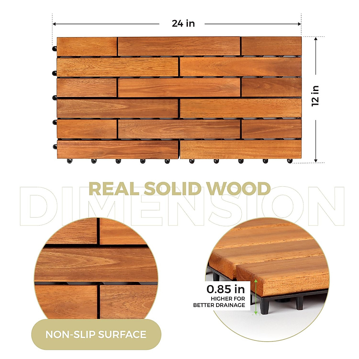 HOUSE84VN Solid Acacia Wood Interlocking Deck Tiles (Pack of 6, 24" x 12"), Indoor/Outdoor Deck Flooring, Waterproof All Weather (24X12, Natural Color)