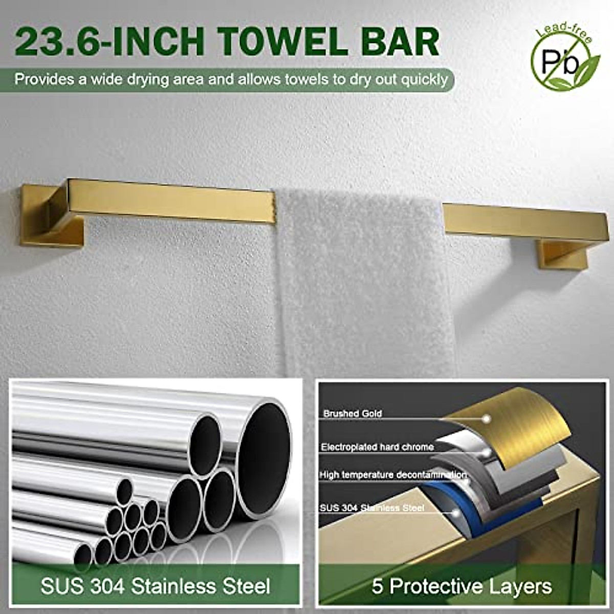 VELIMAX Premium Stainless Steel 4 Pieces Bathroom Hardware Accessories Set Wall Mounted Towel Bar Set, Brushed Gold, 23.6-Inch