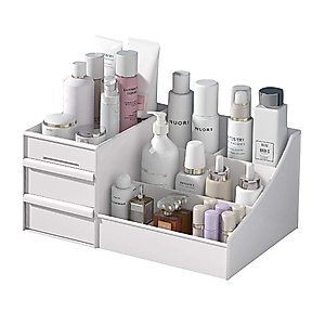 CHANCETSUI Makeup Desk Organizer, Makeup Organizer With Drawers, Bathroom Countertop Organizer for Cosmetics, Vanity Holder for Lipstick, Brushes, Lotions, Eyeshadow, Nail Polish and Jewelry (White)