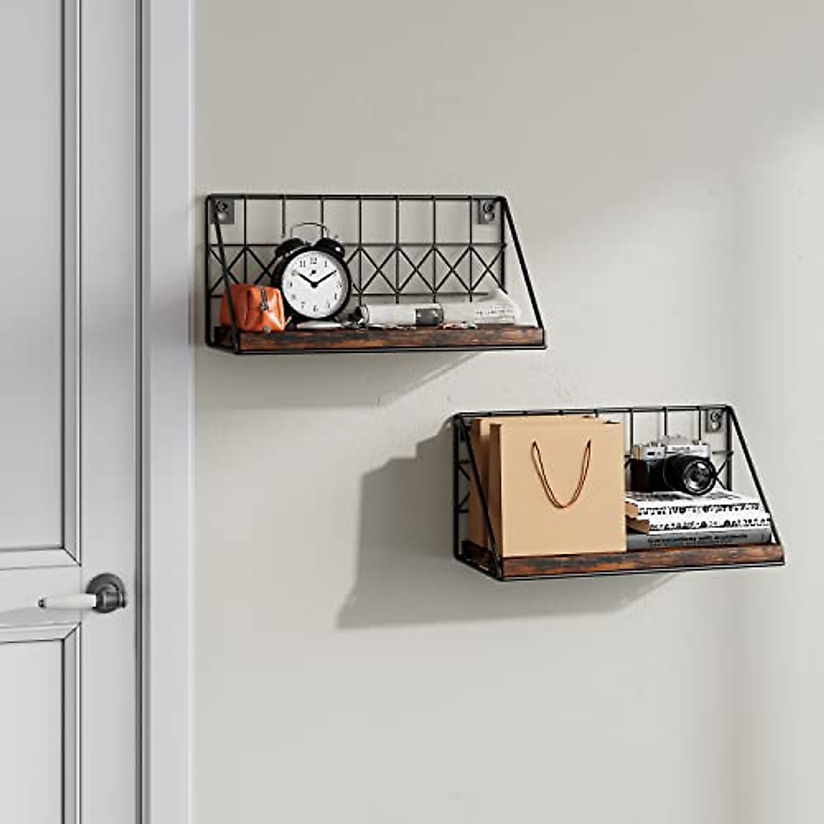 JOIN IRON Set of 2 Wall Mounted Floating Shelves Wood Rustic Storage Shelves for Bedroom, Bathroom, Living Room(Brown)