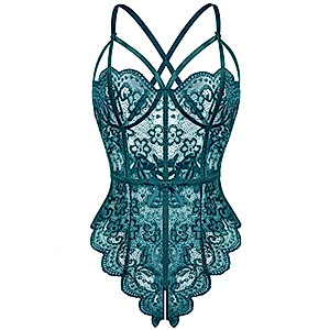 Fayenne Lingerie for Women Teddy Lingerie Floral Lace One Piece Babydoll Lingerie Deep V Bodysuit Strappy Lingerie Dark Green