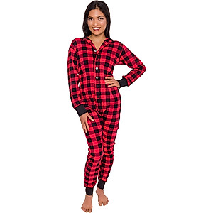 Silver Lilly Women's Buffalo Plaid Flapjack Pajamas - Winter One Piece PJs - Soft, Comfy Holiday Jumpsuit (Red/Black, Small)