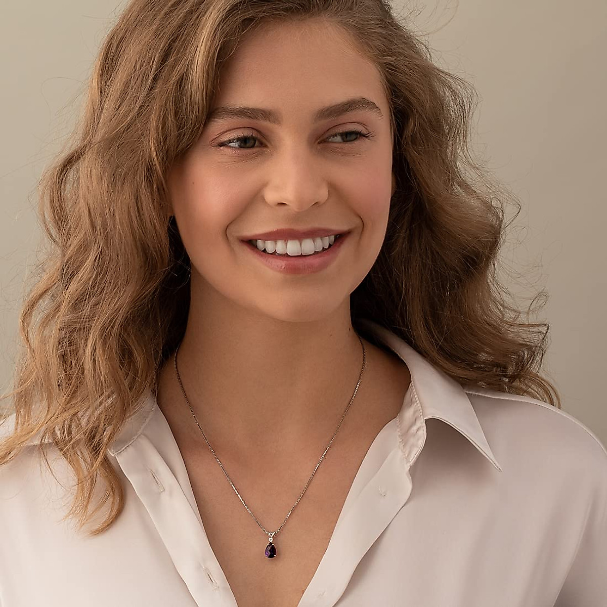 PEORA 14K White Gold Amethyst and Diamond Pendant for Women, Genuine Gemstone Birthstone Teardrop Solitaire, 1.60 Carats Pear Shape 10x7mm