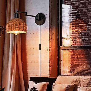 Plug in Wall Sconces, Swing Arm Wall Lamp with Natural Paper String Lampshade Set of 2, Vintage Adjustable Wall Mounted Sconce Wall Lighting Fixture for Bedroom,Bedside,Kitchen,Living Room,Reading