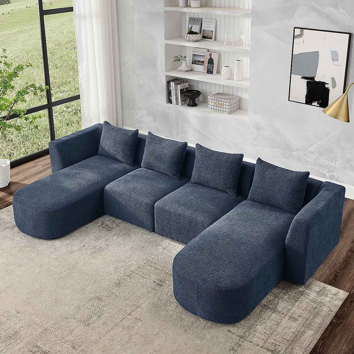 KIVENJAJA Modular Sectional Sofa, U-Shaped Couch with Double Chaise & Pillows, Modern Minimalist Boucle Fabric Large Comfy Cloud Sofas, Living Room Furniture Sets, 117 inch, Navy Blue