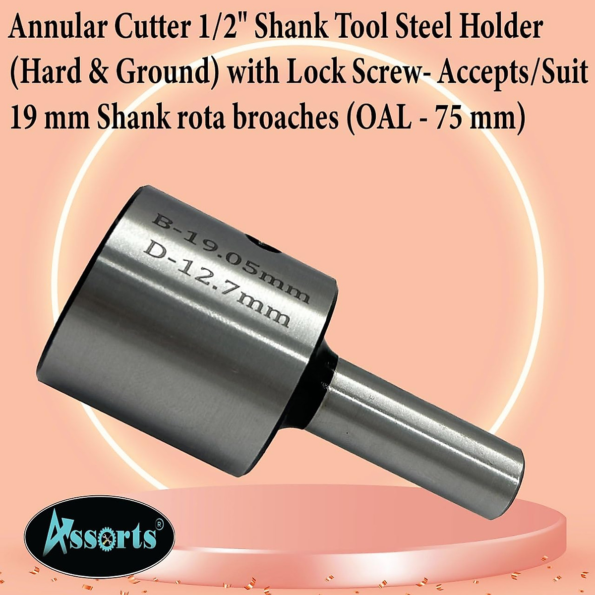 Annular Cutter 1/2" Shank Tool Steel Holder (Hard & Ground) with Lock Screw- Accepts/Suit 19 mm Shank rota broaches (OAL - 75 mm)