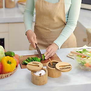 Lawei 2 Pack Bamboo Salt and Pepper Bowls, Round Salt Container with Magnetic Swivel Lids and Spoons, Bamboo Salt Cellars, Seasoning Storage Holder Box for Salt, Pepper, Sugar, Spice