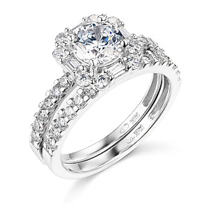 Wellingsale Ladies Solid 14k White Gold Polished CZ Cubic Zirconia Round Cut Halo Engagement Ring and Wedding Band Bridal Set - Size 6