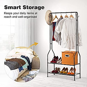 OSGP Heavy Duty Commercial Grade Clothing Garment Rack, 2-Tier Entryway Metal Coat Rack and Shoe Bench Storage Stand with Single Rod and 4 Hooks for Home Office Bedroom Max Capacity 66.1lbs, Black