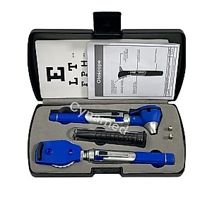 Cynamed Otoscope Set - Fiber Optic Double Handle Multi-Function Ear Scope for Ear & Eye Examination - Includes Hard Case (Blue)