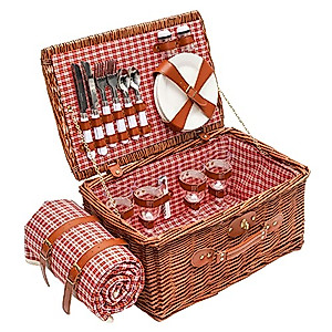 Picnic Baskets, 4 Persons Handmade Large Wicker Picnic Basket Set with Utensils Cutlery, for Picnicking Camping