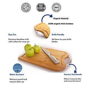 Organic Bamboo Cutting Board with Juice Groove- Best Kitchen Chopping Board for Meat (Butcher Block) Cheese and Vegetables | Anti Microbial Heavy Duty Serving Tray w/Stainless Steel Handles
