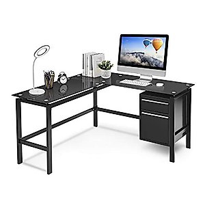 Pataku L Shaped Home Office Desk, Corner Computer Desk Modern Study Writing Table with 2 Drawers, Tempered Glass Desktop, Metal Frame, Black