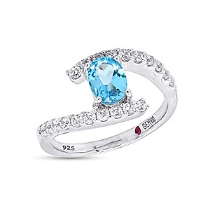 GEMVIO Collection Bypass Design, 5X7MM Oval Blue Topaz Gemstone And Cubic Zirconia Promise Ring In 14k White Gold Over Sterling Silver Sterling Silver Engagement Wedding Ring For Womens Size-6