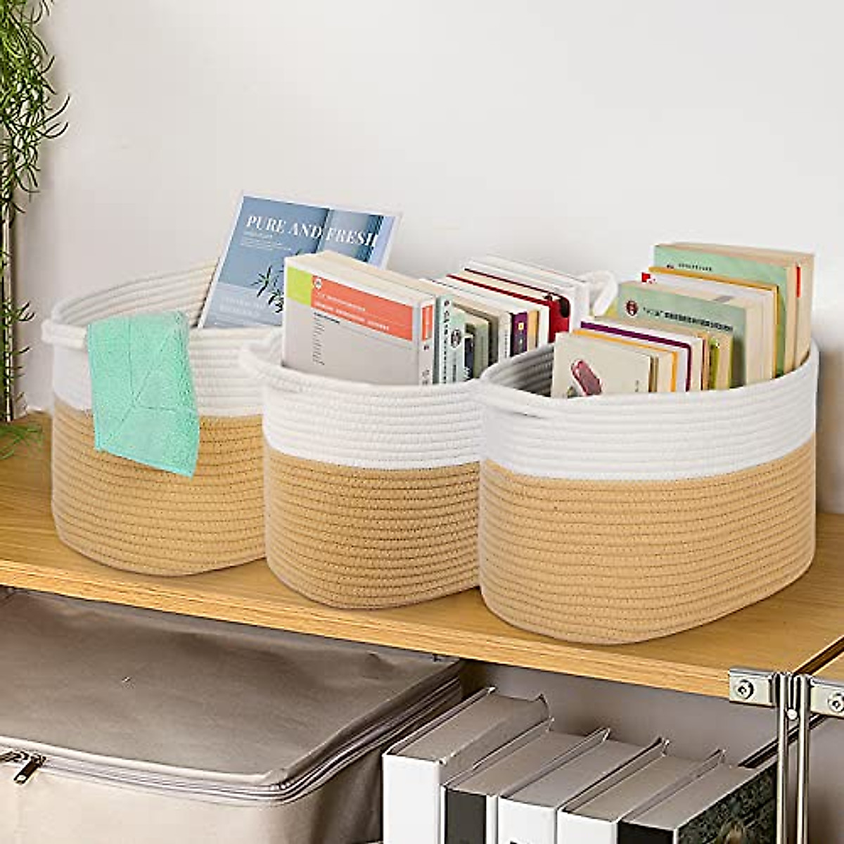 DYD Foldable 3-Piece Cotton Rope Storage Basket, Decorating Living Room, Books, Toys, Blankets, Baby Clothes and Other Home Storage Boxes with Handles
