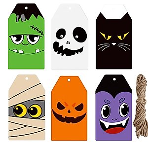 AWEELON 120Pcs Halloween Tags with String Pumpkin Cat Monster Ghost Face Paper Tags Holiday Hanging Labels for DIY Gift Wrapping Halloween Party Favor Decor, 6 Designs