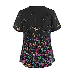 Women's Plus Size Animal Printed Scrub Tops V-Neck Fun T Shirts Workwear Nurse Uniform Tee with Pockets
