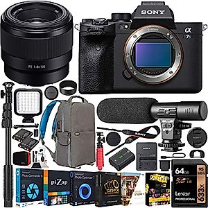 Sony a7s III Full Frame Mirrorless Camera Body with FE 50mm F1.8 Lens Kit ILCE-7SM3/B + SEL50F18F Bundle with Photo Video LED, Microphone, Monopod,64GB, Software, Deco Gear Backpack & Accessories