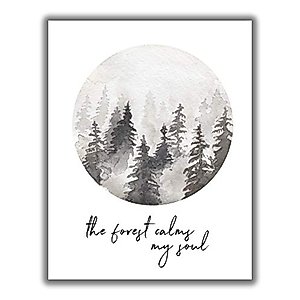 Evergreen Pine Trees in Foggy Mountain Forest Watercolor Motivational Wall Art - 11x14 UNFRAMED Abstract Nordic-Look Decor Print. Calming, Zen, Neutral Shades of Gray & White. The Forest Calms My Soul