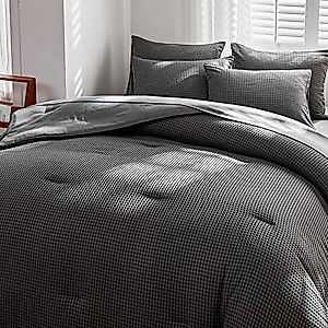 WARMDERN Grey Comforter Set King Size Waffle Weave Lightweight Bedding Comforter Sets Soft Microfiber Down Alternative Comforter 7 Pieces Bed in A Bag All Season(Gray, King)