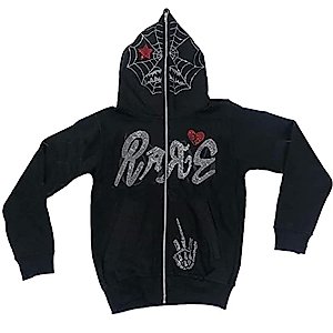 YEOU Womens Y2K Middle Finger of heart Rhinestone Pullover Hoodie Crop Top Gothic Cold Shoulder Lace Up Y2k E-Girl Oversized Sweatshirt