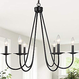 LALUZ Black Chandelier, 6-Light Farmhouse Chandelier for Dining Rooms, Bedroom, Living Room, 28’’ W x 24.5’’ H
