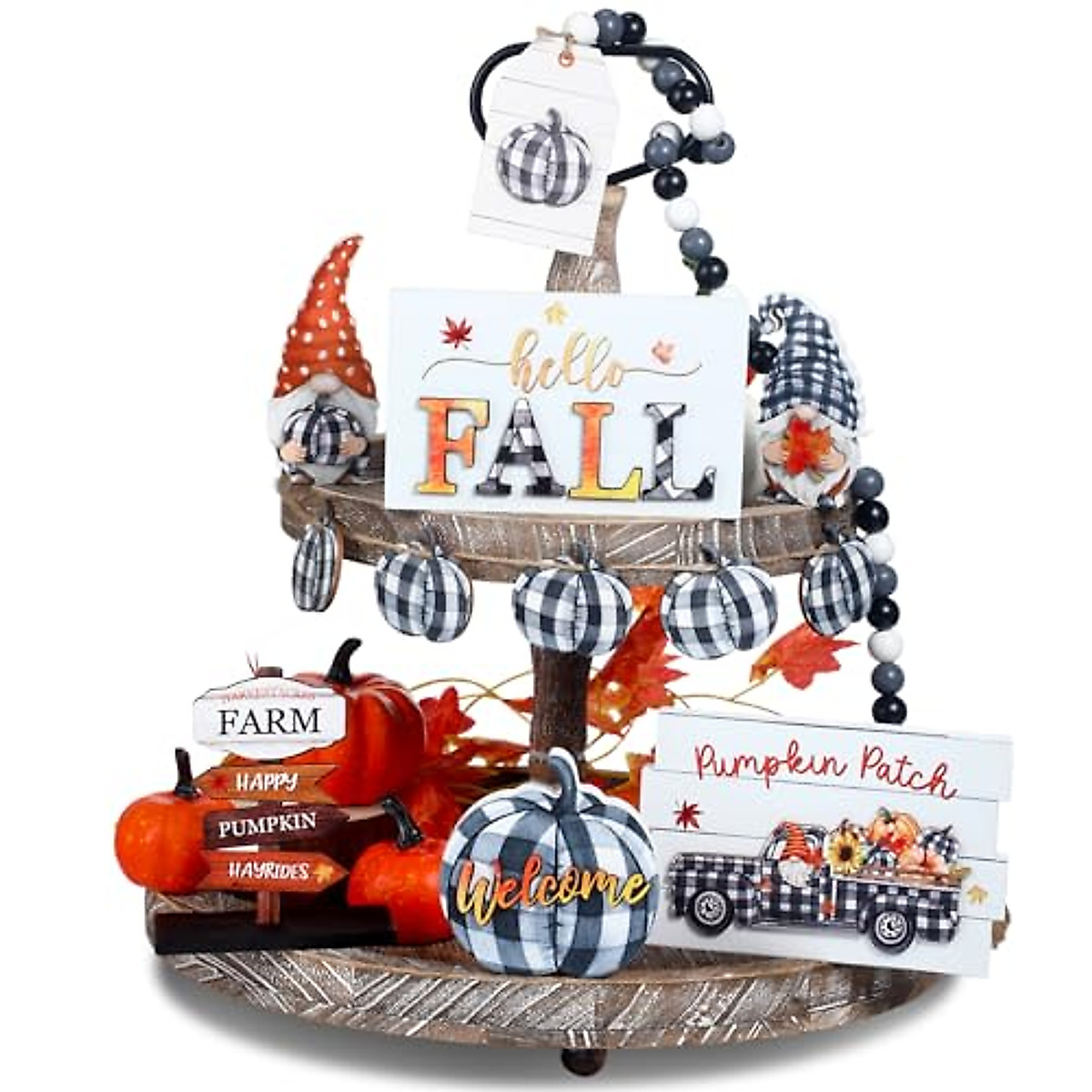Soaoo 12 Pieces Fall Tiered Tray Decorations Set Wooden Hello Fall Pumpkin Gnome Truck Trays Signs for Autumn Holiday Thanksgiving Home Rustic Farmhouse Table Kitchen Decor (Black and White)
