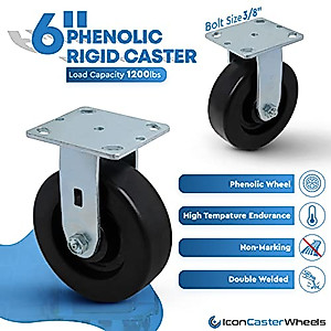 ICON Caster Wheels 6" x 2" PHN Heavy Duty Industrial Casters, Top Plate 4" x 4.5", Black, 2 Rigid 2 Swivel, Non-Marking Phenolic Wheel, Load Capacity 4800 lbs. per Set (4-Pack)