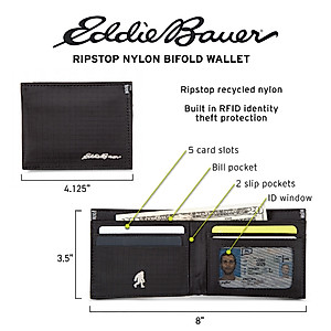 Eddie Bauer Men Signature Bifold Passcase Wallet (Available in Cotton Canvas, Ripstop Nylon-Black, One Size