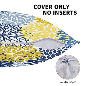 ChangQingArt Throw Pillow Cover Farmhouse Decorative Cotton Linen Pillow Cover Green Spring Flower Blue Yellow and Navy Chrysanthemum Brown Square Cushion Covers Sofa Bed Décor 16x16 inch