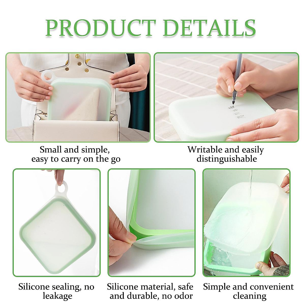 3 Pcs Sandwich Containers, Silicone Sandwich Storage for Lunch Boxes, BPA Free, Leakproof, Reusable Sandwich Holder for Fruit,Salad,Snacks and Food Storage, Microwave Freezer & Dishwasher Safe (Green)