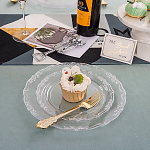 U-QE 100 Pieces Clear Plastic Plates - Clear Disposable Plates - Premium Hard Clear Plates for Party, Holiday and Party Use Including 50 Dinner Plates 10.25 '' & 50 Dessert Plates 7.5 ''