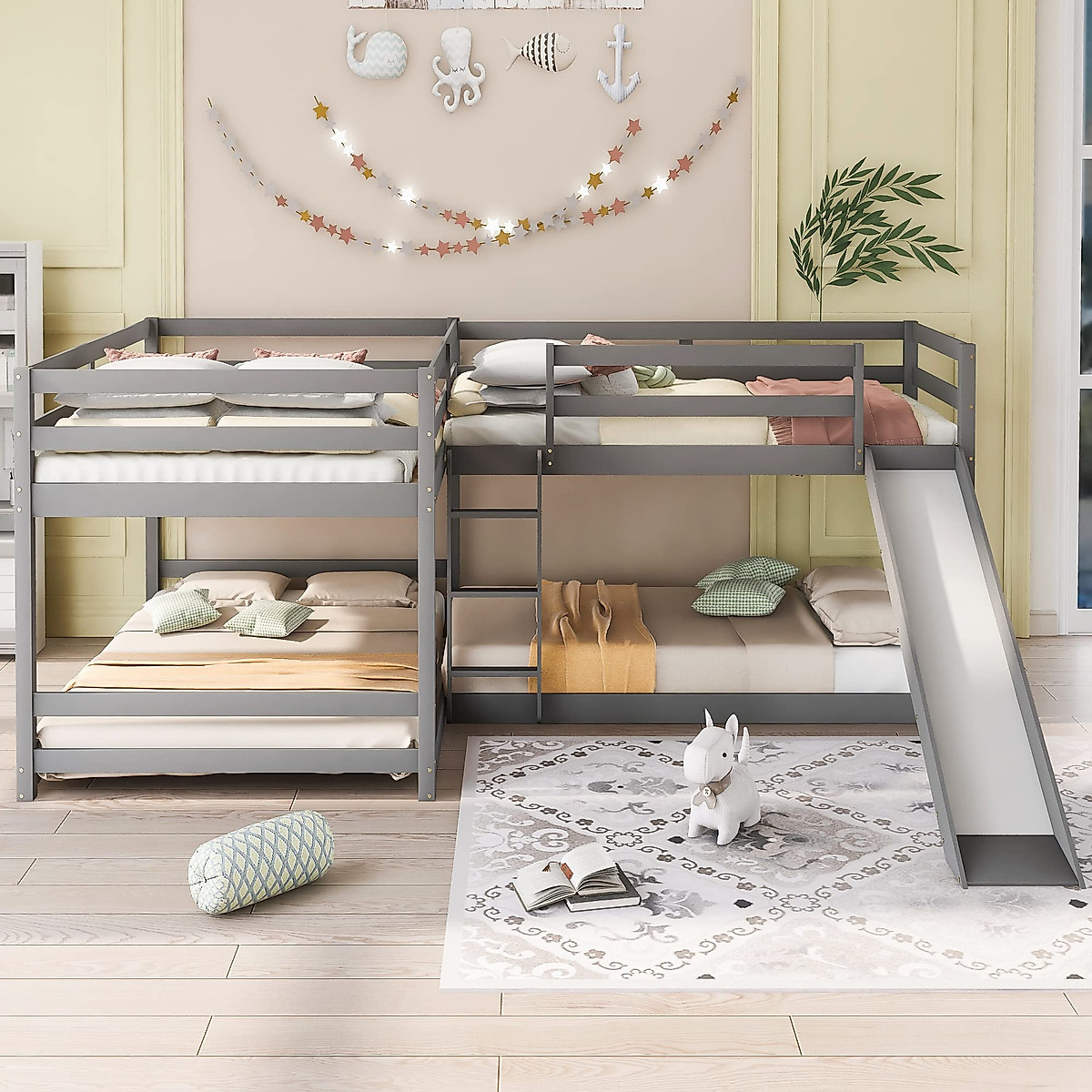 L Shaped Bunk Bed for 4, Wooden Quad Bunk Bed with Slide, Full Over Full Bunk Bed with Twin Over Twin Bunk Bed Attached for Kids Girls Boys - Gray