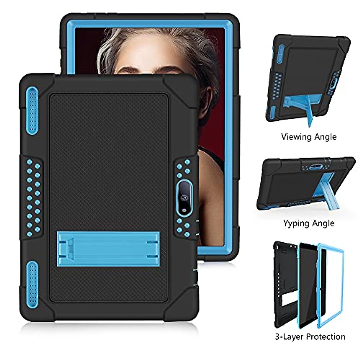 SOATUTO Case for Pritom M10 10 Inch Tablet/FANGOR F-X10/qunyiCO Y10/Voger priorpad X100/Digiland Tab Model: DL1036/Gateway 10.1 HD Tablet Case Hybrid Shockproof Kids Friendly with Stand (Black+Blue)