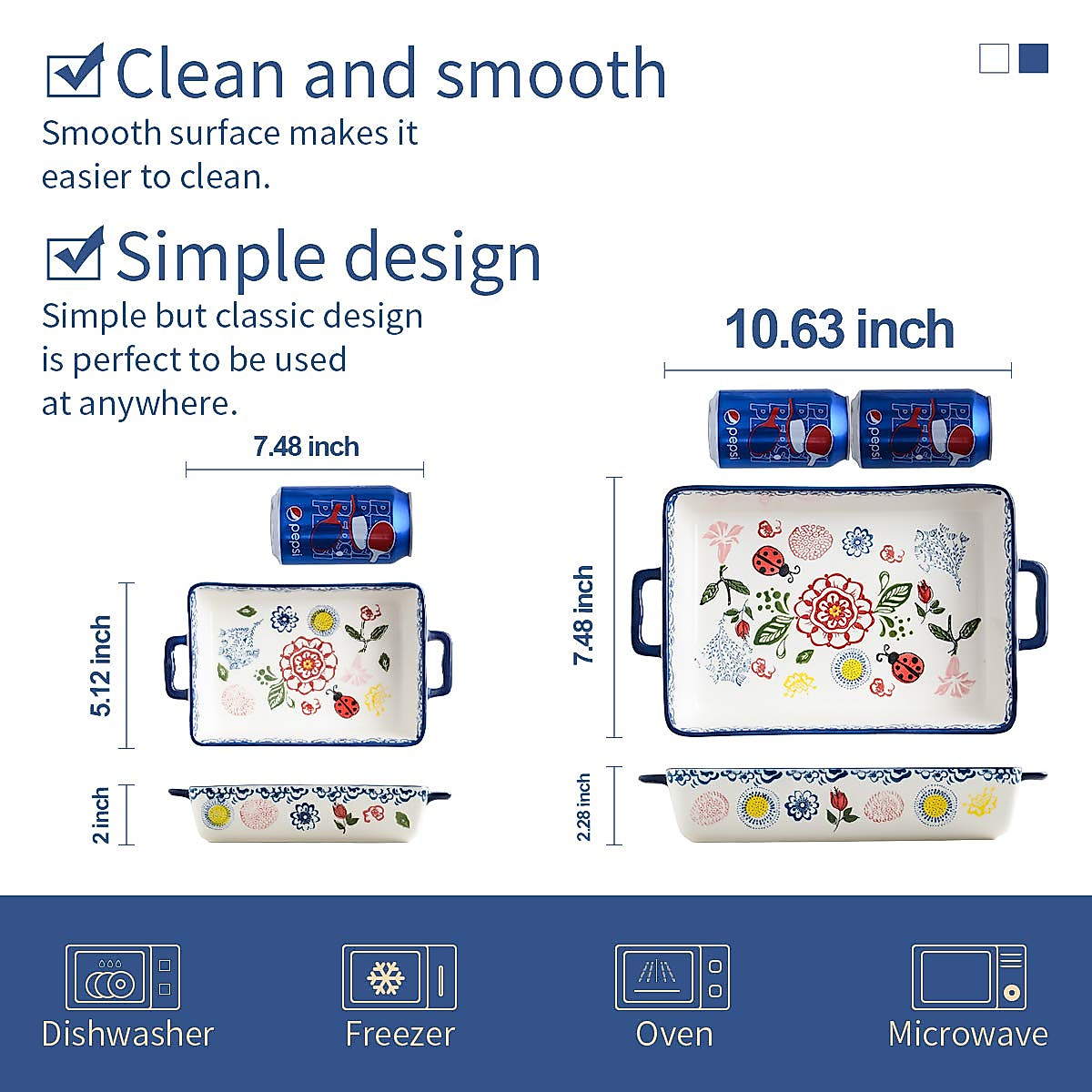 BFU Ceramic Baking Dish Rectangular Bakeware Set Baking Pan, 2-Piece Stoneware Hand-Painted Lasagna Pan for Cooking, Cake dinner (Blue, 10.63"L x 7.48"W x 2.28"H)