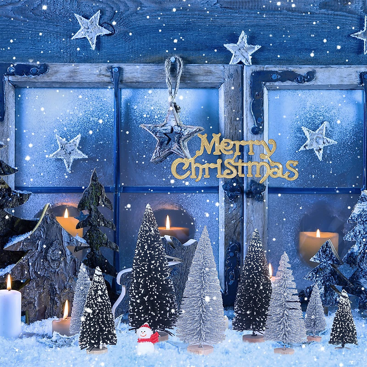 UNIPRIMEBBQ Mini Miniature Christmas Pine Tree Bottle Brush Trees Wooden Bases Tree for Your Village Desktop Xmas Holiday Party (Silver/Green 30pcs)