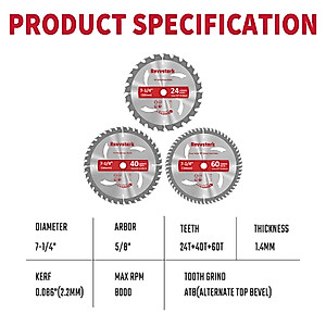 3 Pack 7 1/4 Circular Saw Blade 24T&40T&60T Combo, TCT ATB 24T Framing, 40T Ripping & Crosscutting, 60T Finish Saw Blade for Various Wood Cutting, 5/8" Arbor, Fit Dewalt Craftsman Ryobi Milwaukee