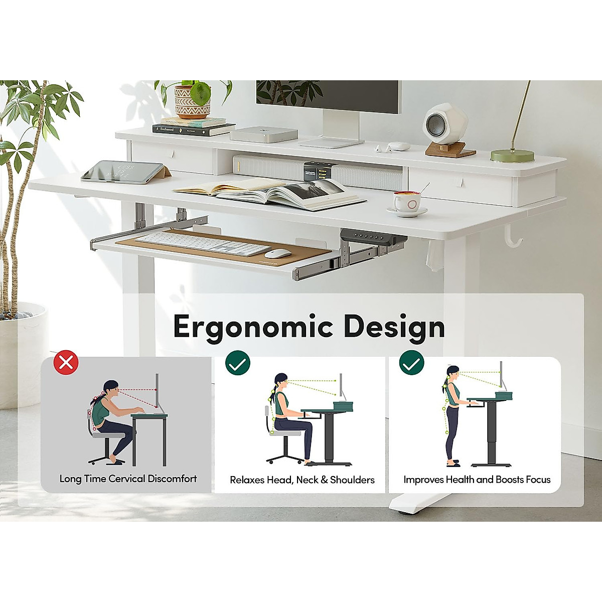 FEZIBO Standing Desk with Drawers, Adjustable Height Desk with Keyboard Tray, Stand Up Desk with Storage Shelf, 48 x 24 Inchs, White Top