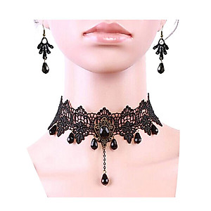 Charm.L Grace Black Lace Gothic Lolita Pendant Choker Necklace Earrings Set