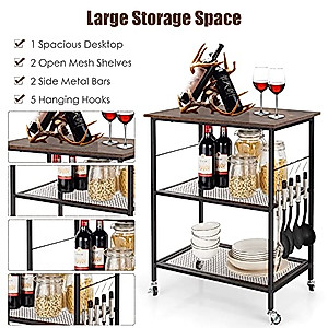 Giantex Microwave Cart 3-Tier W/Storage Shelf and Rolling Casters, Industrial Style Metal Frame for Kitchen, Living Room Accent Furniture for Living Room Rolling Serving Cart (Net-Brown)