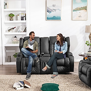 BINGTOO Home Theater Seating 67” RV Recliner Double Recliner Loveseat Manual Recliner Leather Recliner Loveseat Reclining Sofa with Console Slate, Cup Holder, Side Pocket