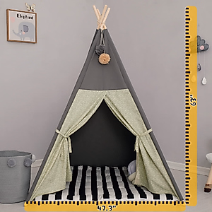 TreeBud Teepee Tent for Kids Stripe Padded Mat Foldable Dark Tone Grey Play Tents for Girl and Boy with Carry Case Wooden Pole Printing Canvas Tepee Playhouse for Child Indoor Outdoor