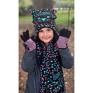 N'Ice Caps Kids Hat Glove Scarf Girls Winter Knit Accessory Set Warm Sherpa Lined 3 Piece (Black Kitten, 4-7 Years)